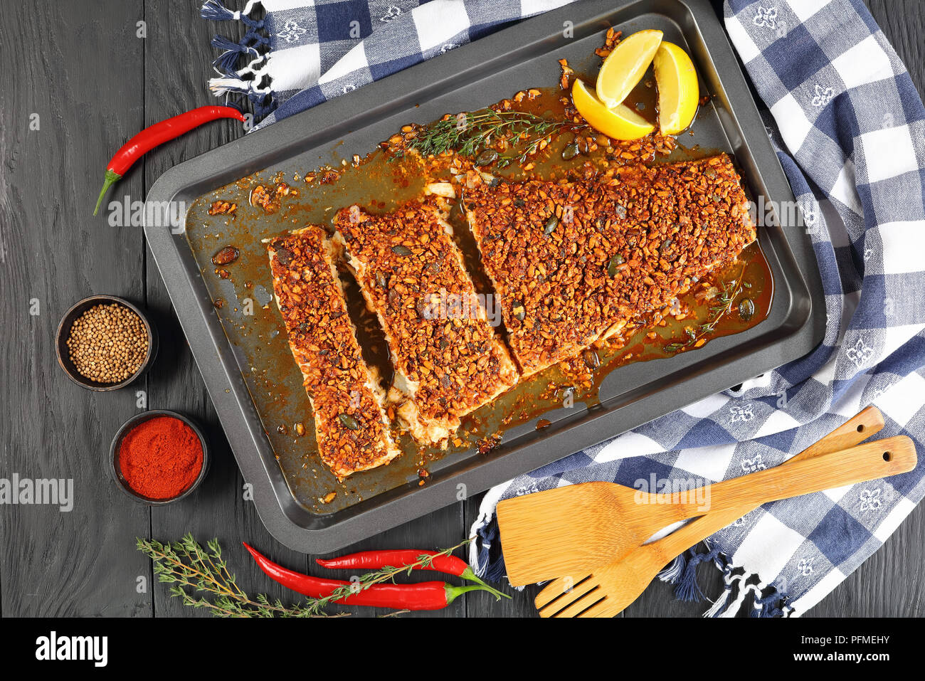 pumpkin, sunflower seeds and Chili-crusted Fish Fillet cut in slices on ...