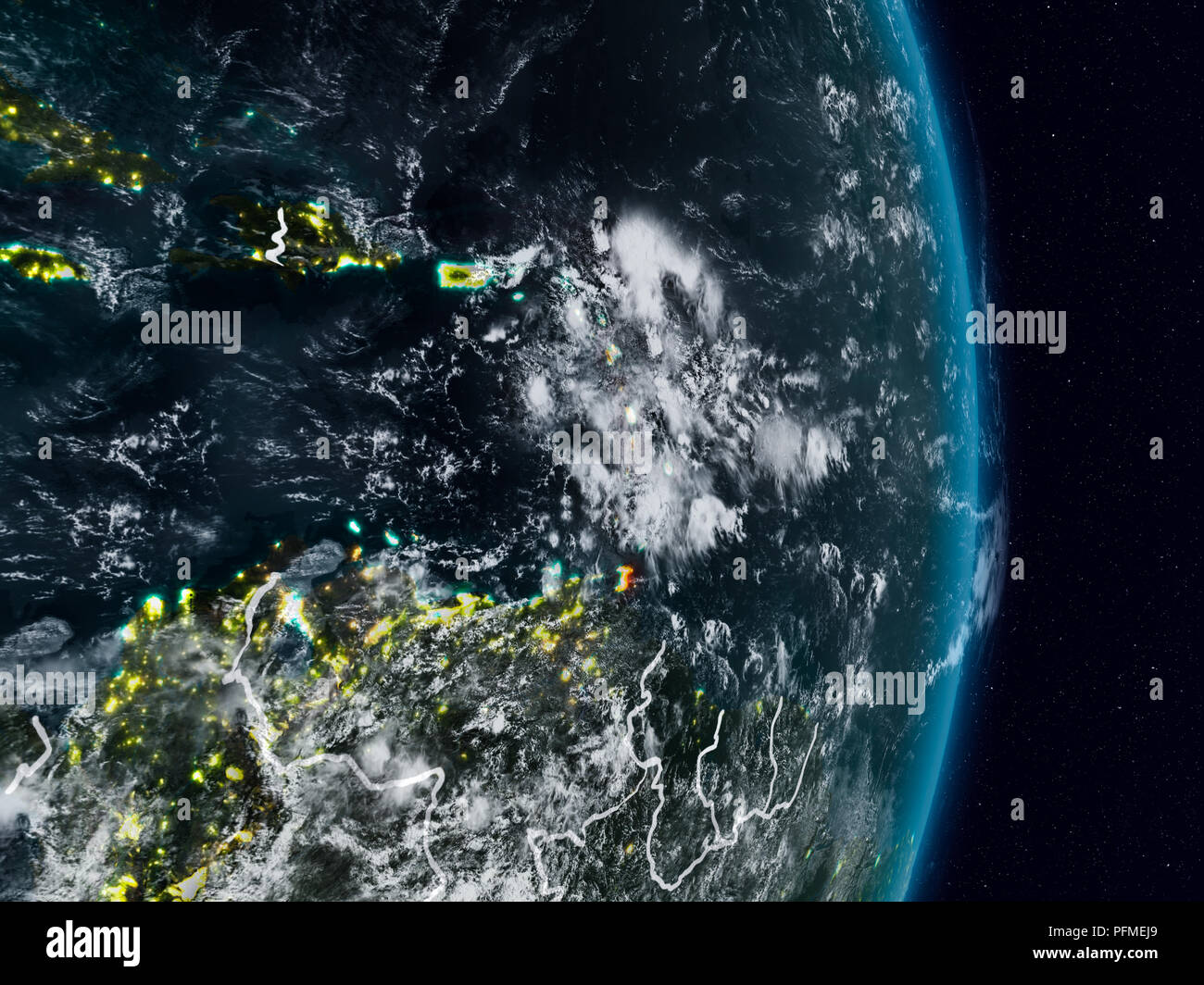 Caribbean from space on planet Earth at night with visible country ...