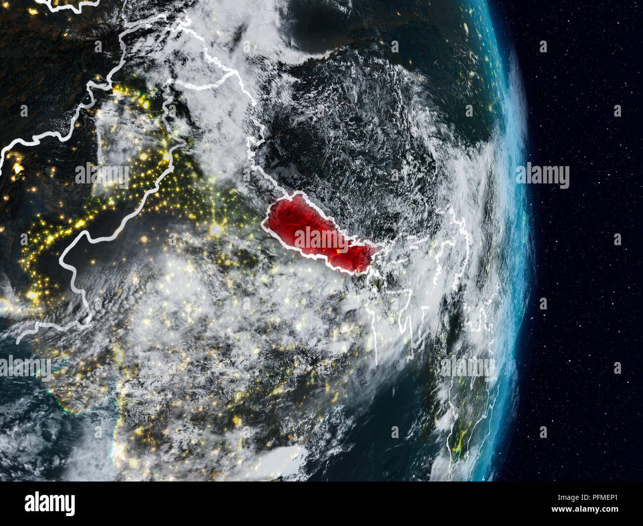 Nepal from space on planet Earth at night with visible country borders ...