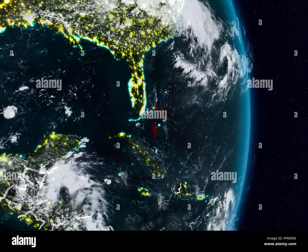 Bahamas from space on planet Earth at night with visible country ...