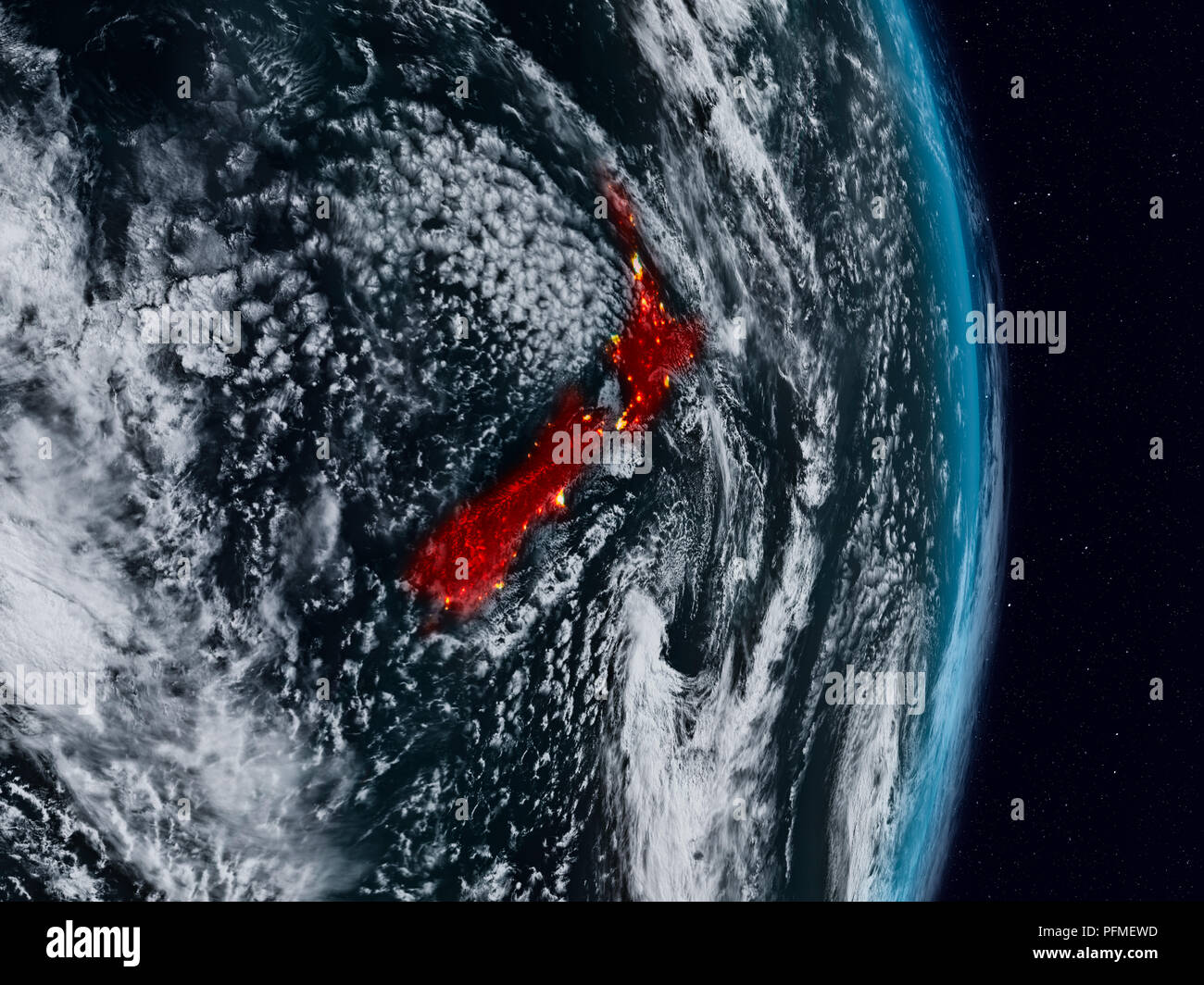 New Zealand from space on planet Earth at night with visible country ...