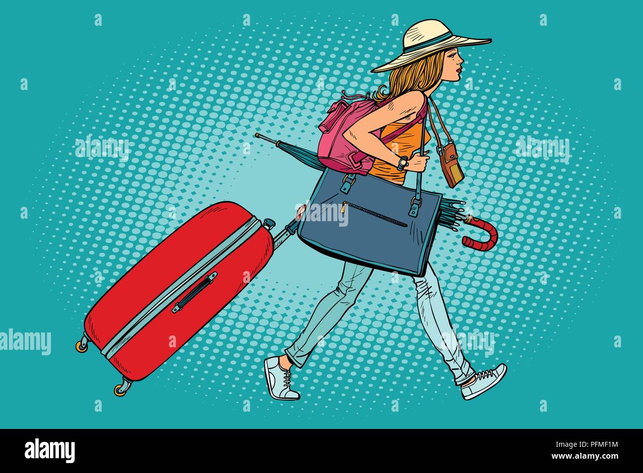 Woman traveler with Luggage. Comic cartoon pop art retro vector ...