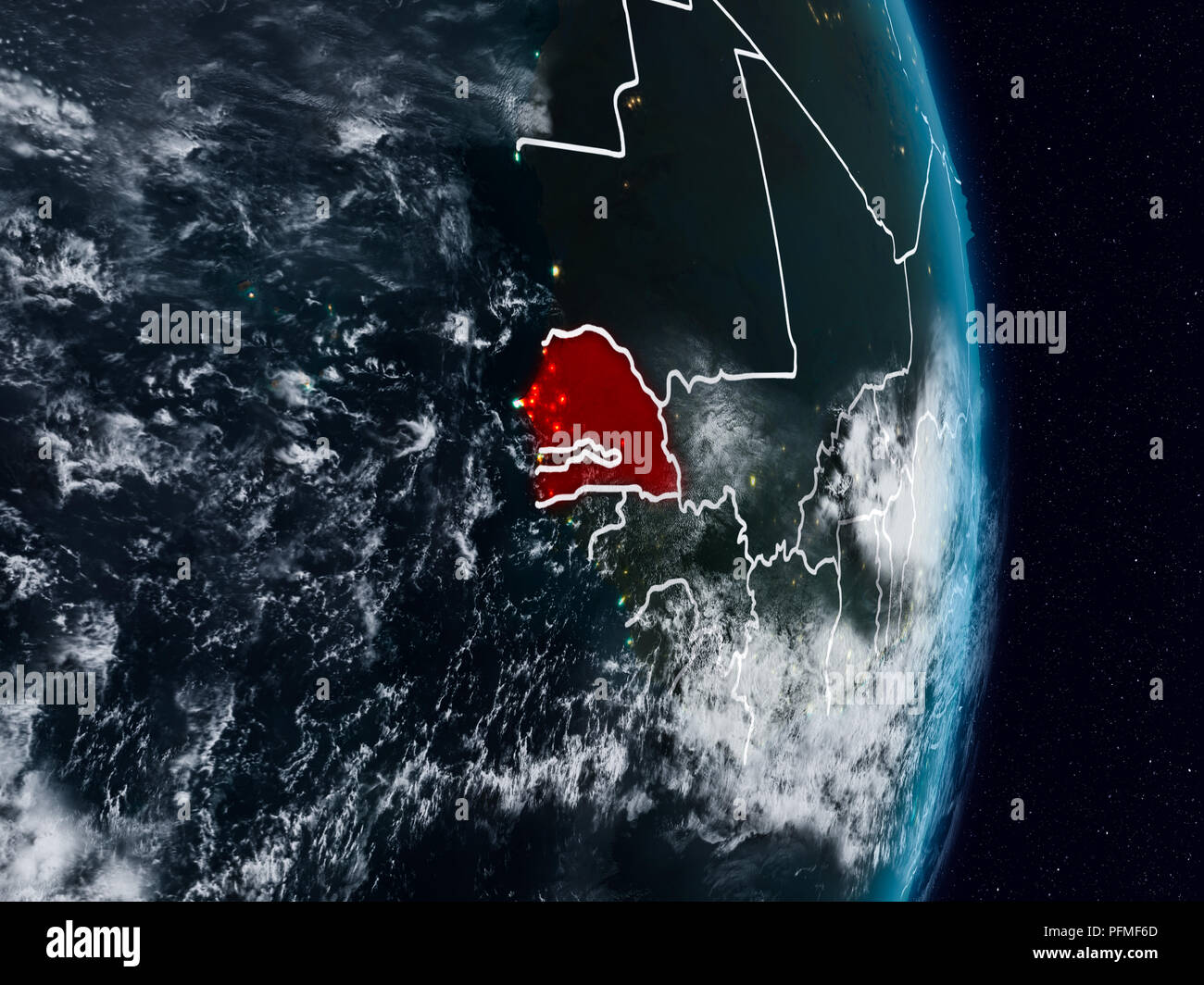Senegal from space on planet Earth at night with visible country ...