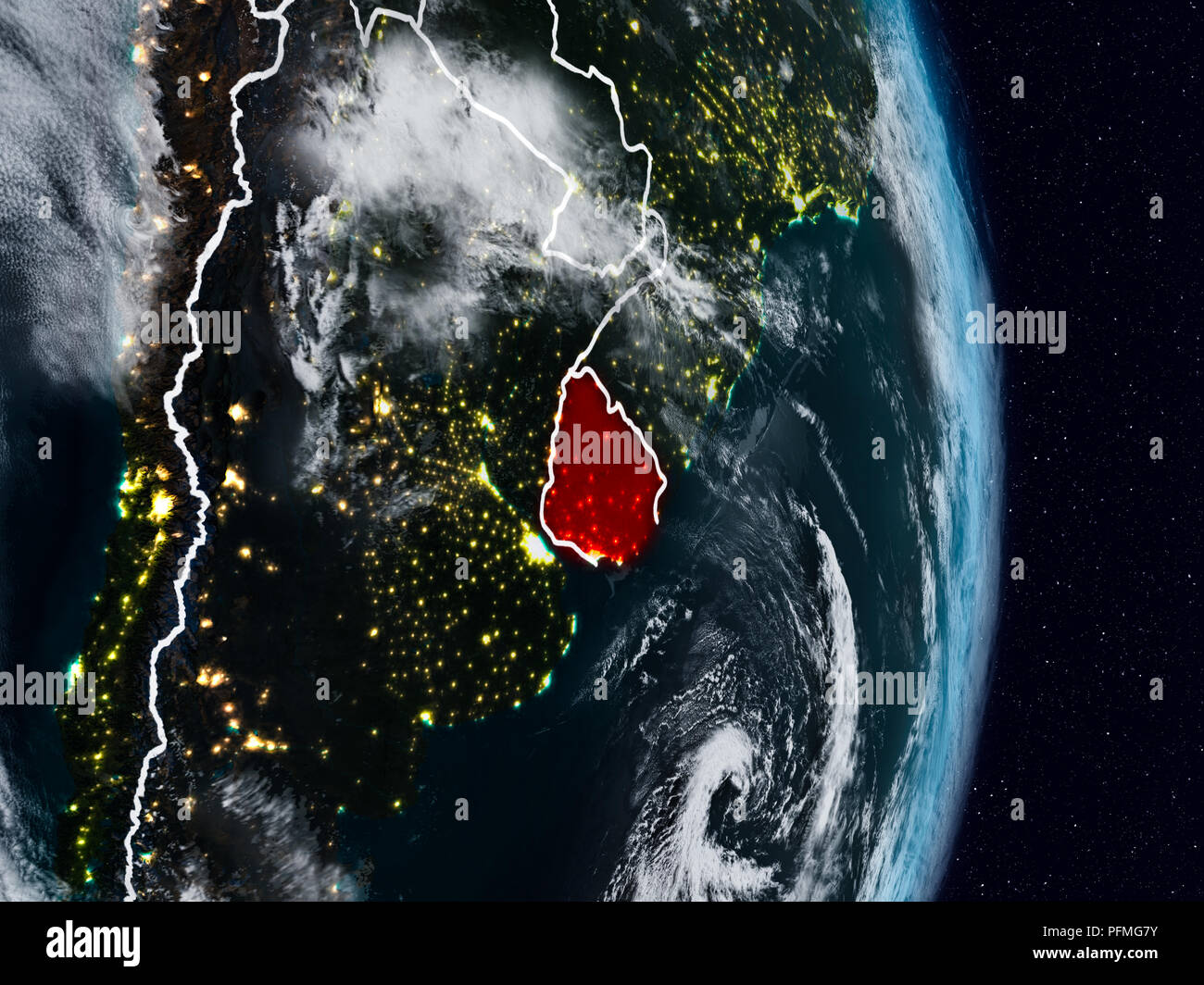 Uruguay from space on planet Earth at night with visible country ...
