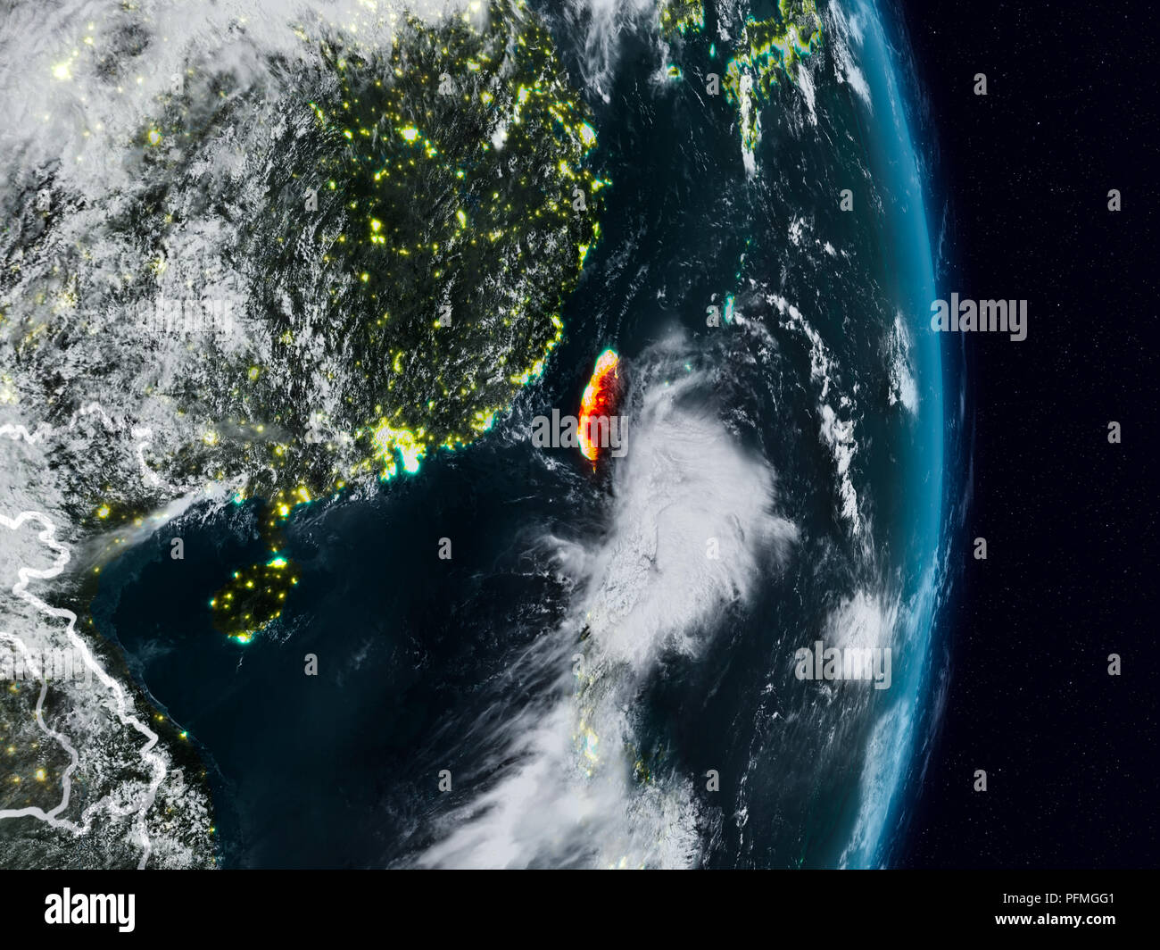 Taiwan from space on planet Earth at night with visible country borders ...