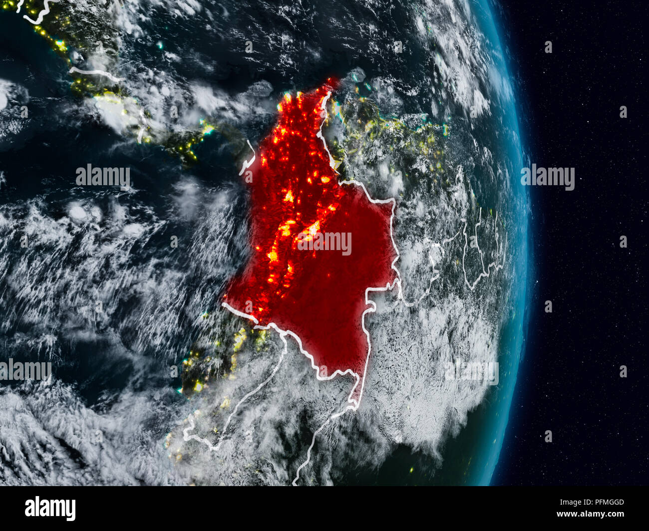 Colombia from space on planet Earth at night with visible country ...