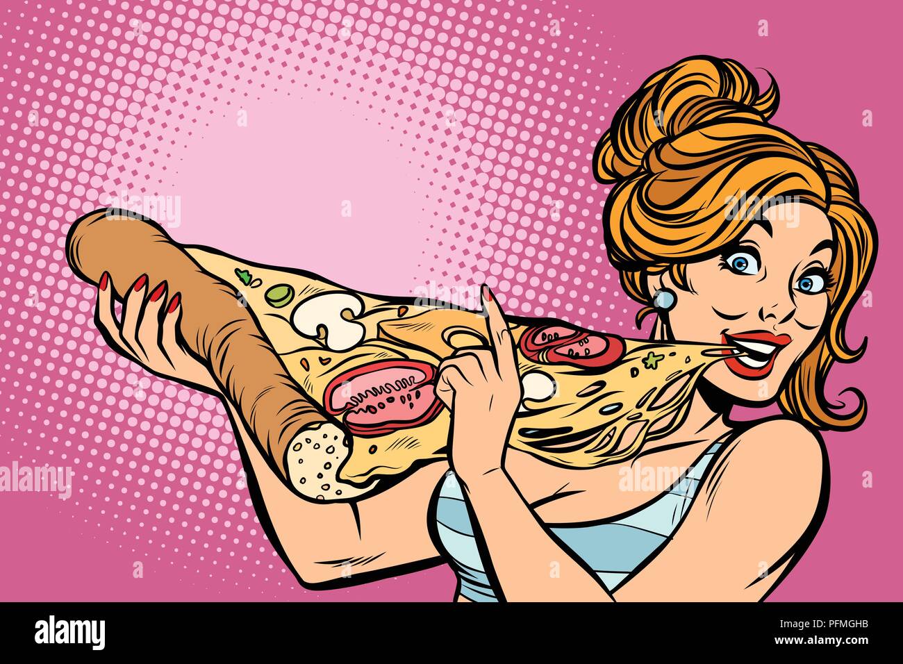 Woman eating pizza. Comic cartoon pop art retro vector illustration ...