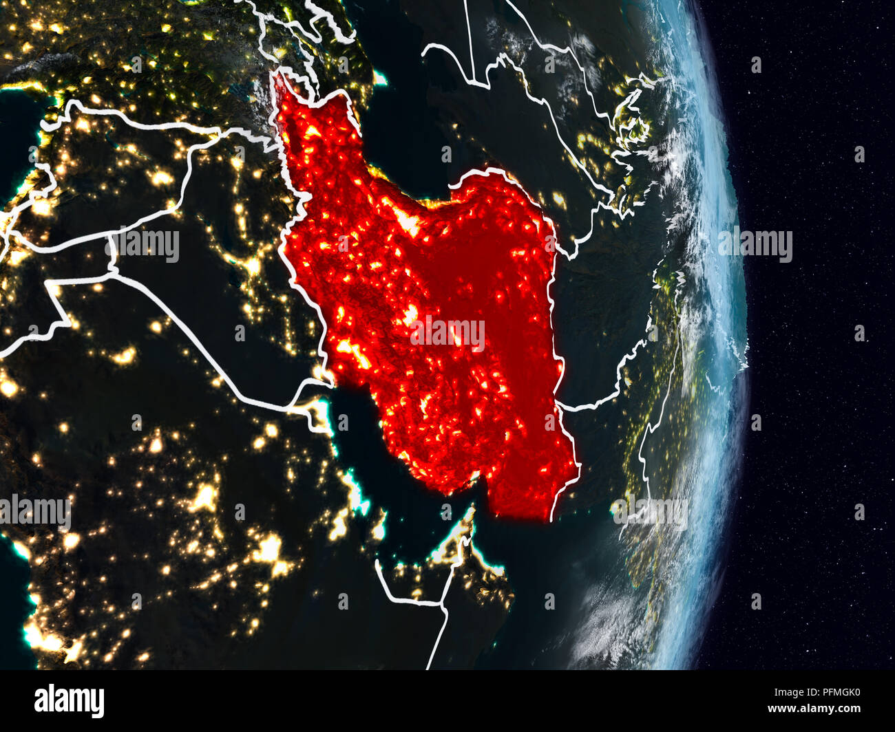 Iran from space on planet Earth at night with visible country borders ...