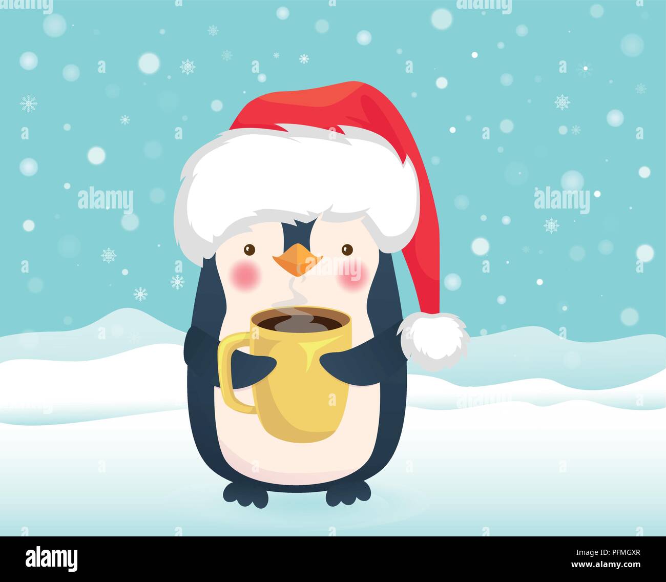 Penguin holding cup of coffee. Cute animal vector. Christmas ...