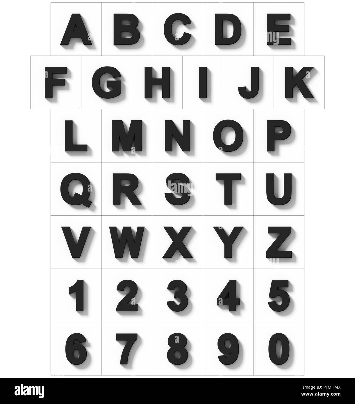 letters and numbers 3D black isolated on white with shadow - orthogonal ...