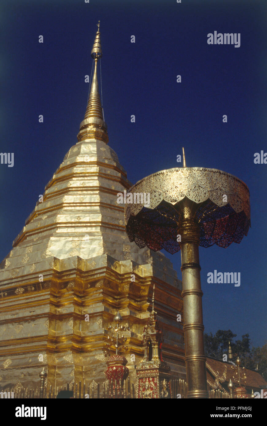 South East Asia, Thailand, Buddhist Monastery, golden prayer wheel and ...