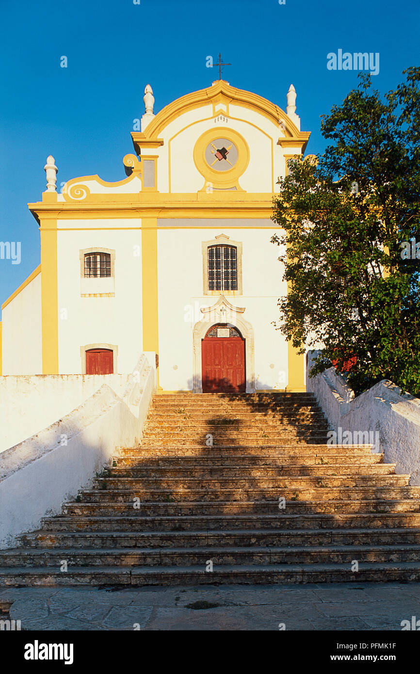 Portugal, Santiago do Cacem, Igreja Matriz, front facade and steps ...
