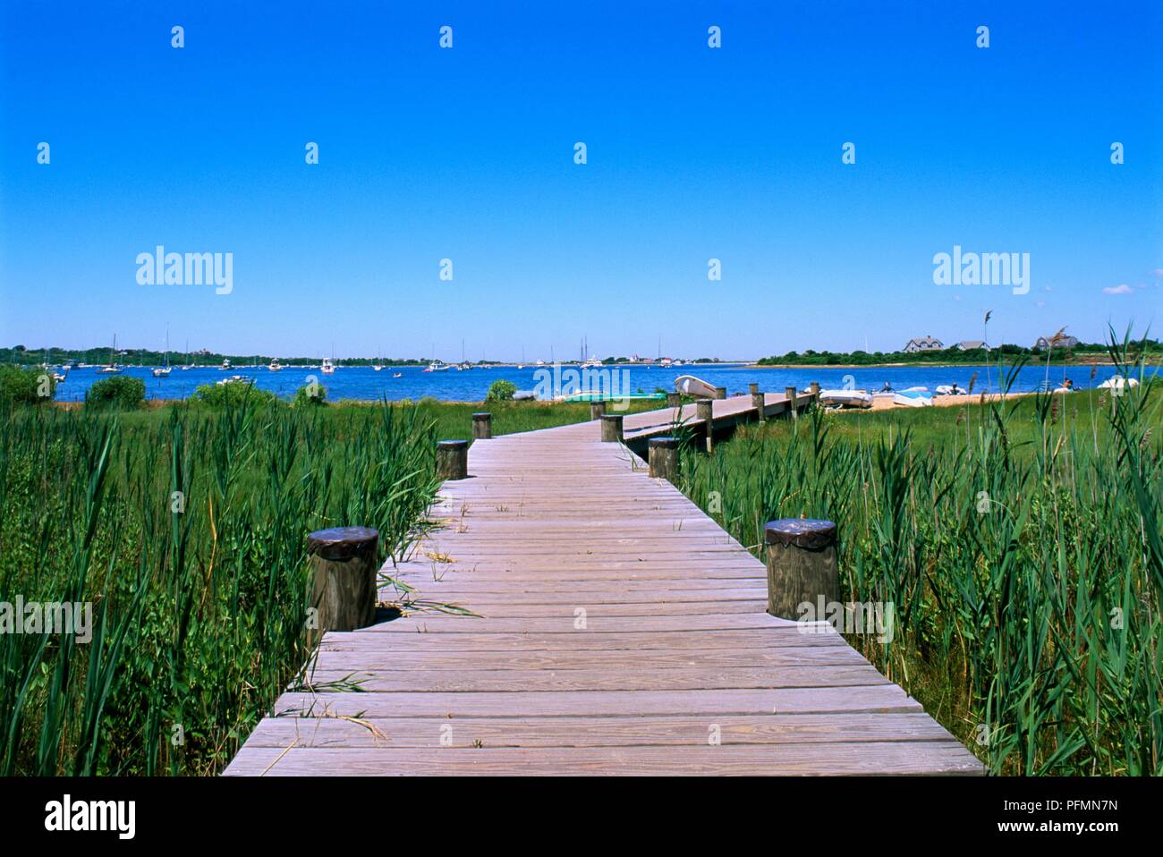 USA, Rhode Island, boardwalk leading to Great Salt Pond on Block Island ...