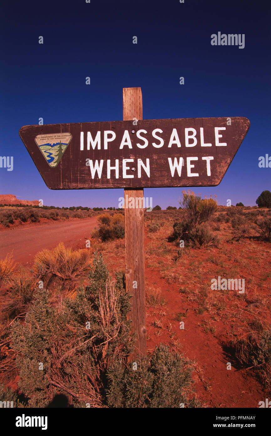 USA, wet weather warning sign in the Kodachrome Basin, southern Utah ...