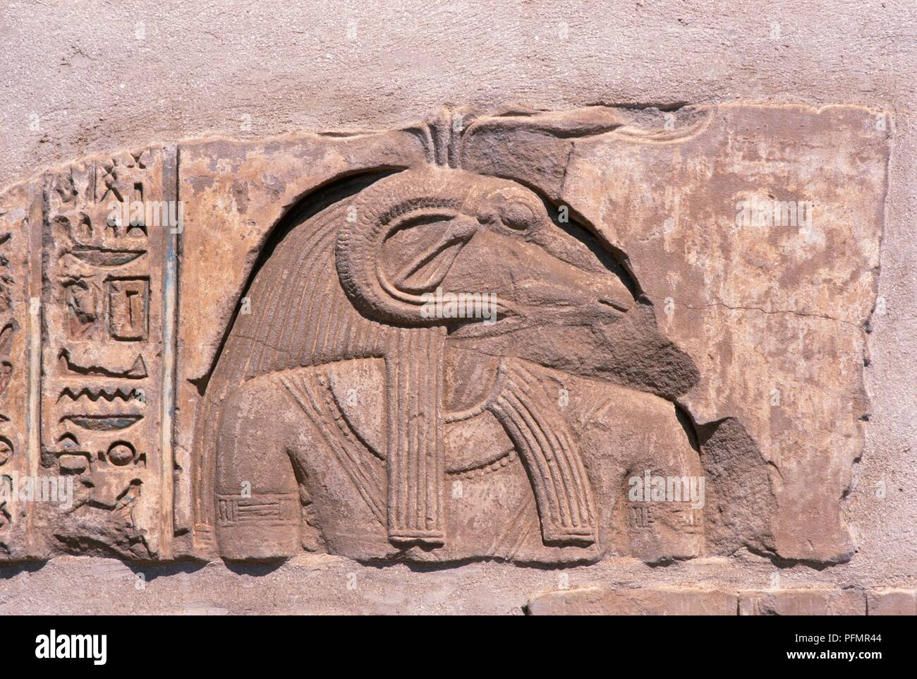 Egypt, Aswan, Temple of Khnum, relief of goat-headed god Khnum Stock ...