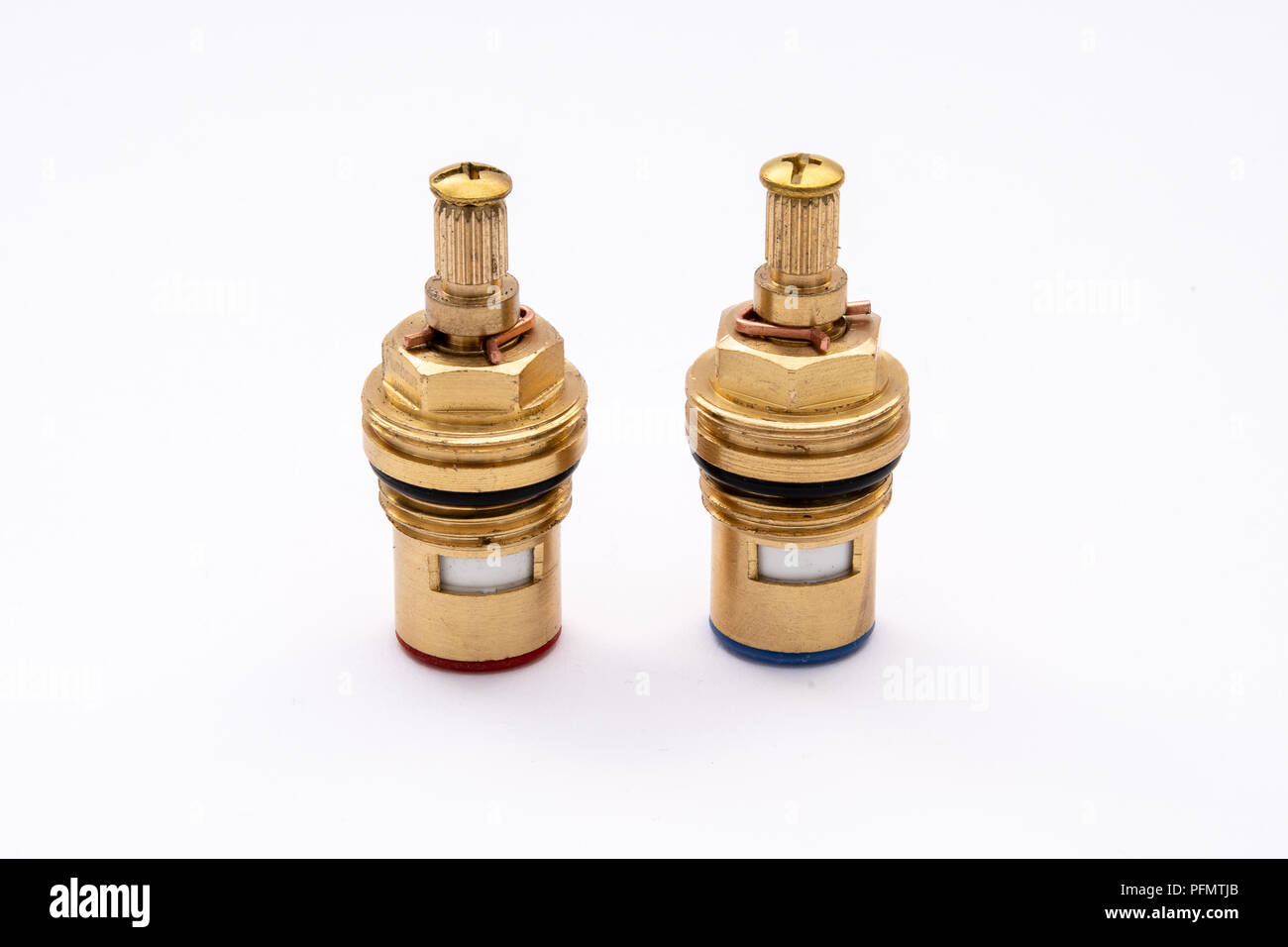 Hot and cold water metal tap glands Stock Photo - Alamy