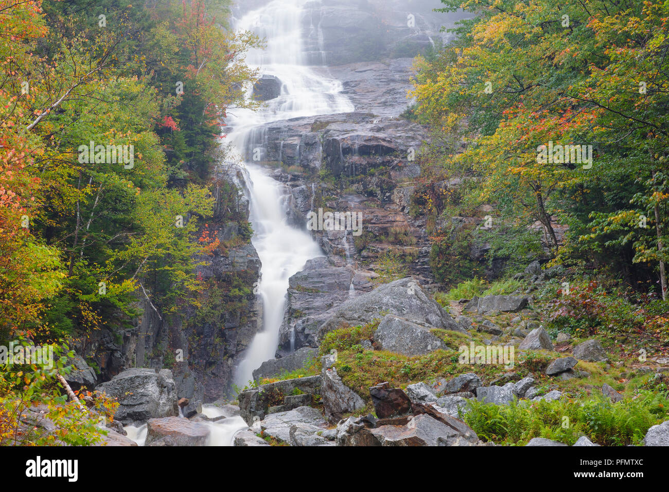 Silver Cascade in Hart’s Location, New Hampshire on a rainy and foggy ...