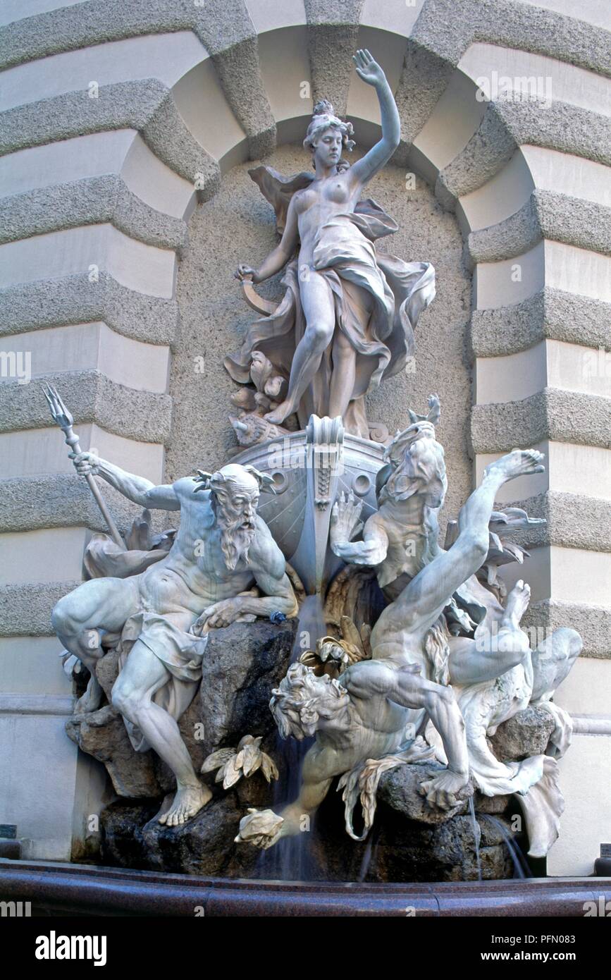 Austria, Vienna, Hofburg, Michaelerplatz, fountain with statues Stock ...