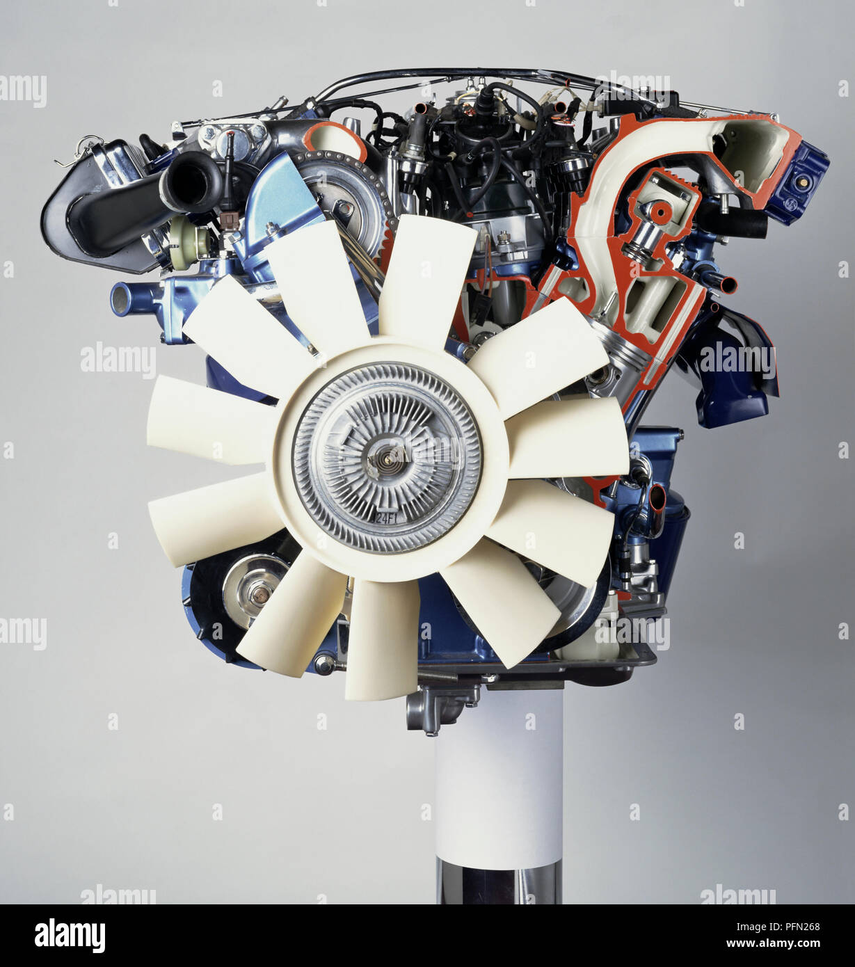 Front view of a V12 petrol engine with white fan at the front Stock ...