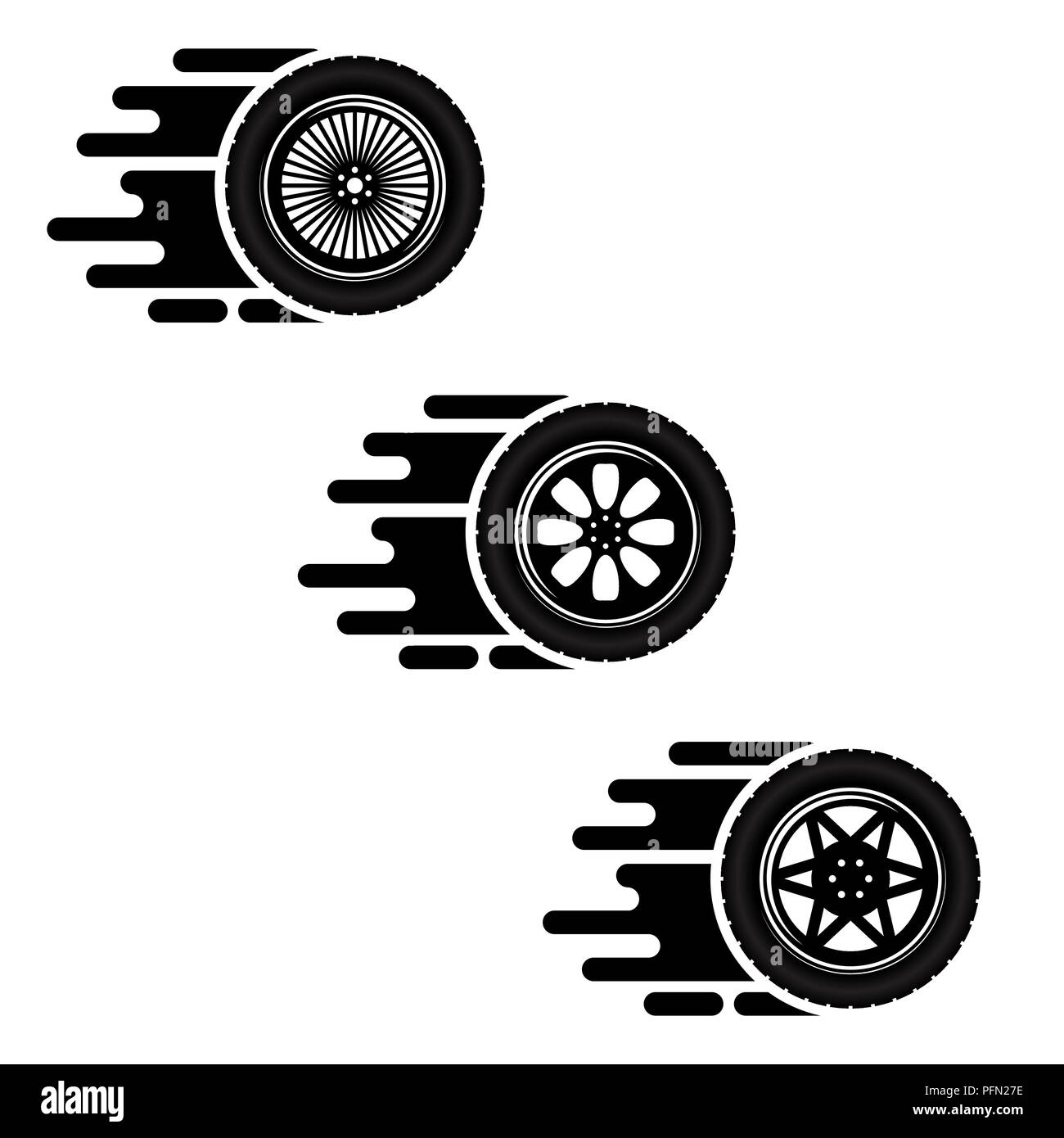 Set of three wheels with tire tracks silhouettes Stock Vector Image ...