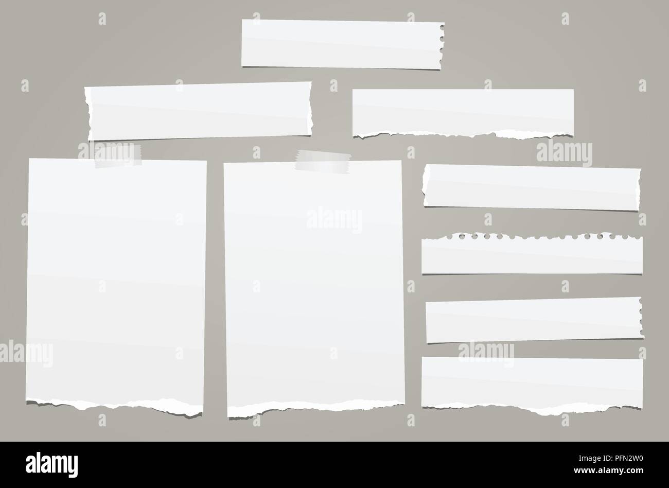 White torn note, notebook paper pieces with torn edges stuck on gray ... White torn note, notebook paper pieces with torn edges stuck on gray ...
