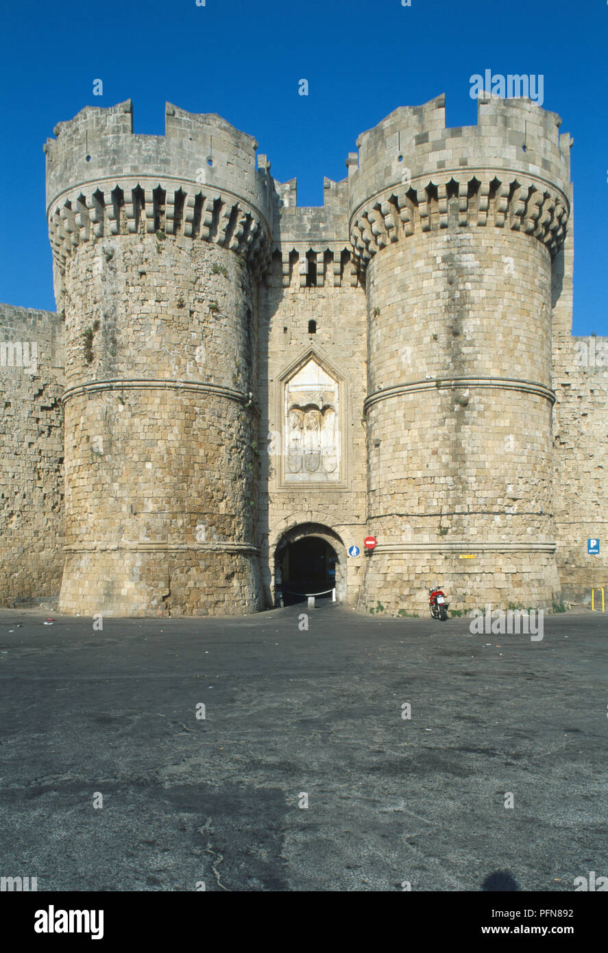 Greece, Rhodes, the Marine Gate with twin towers, the main route into ...