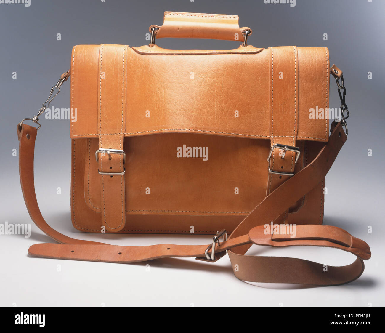 Brown leather satchel, front view Stock Photo - Alamy
