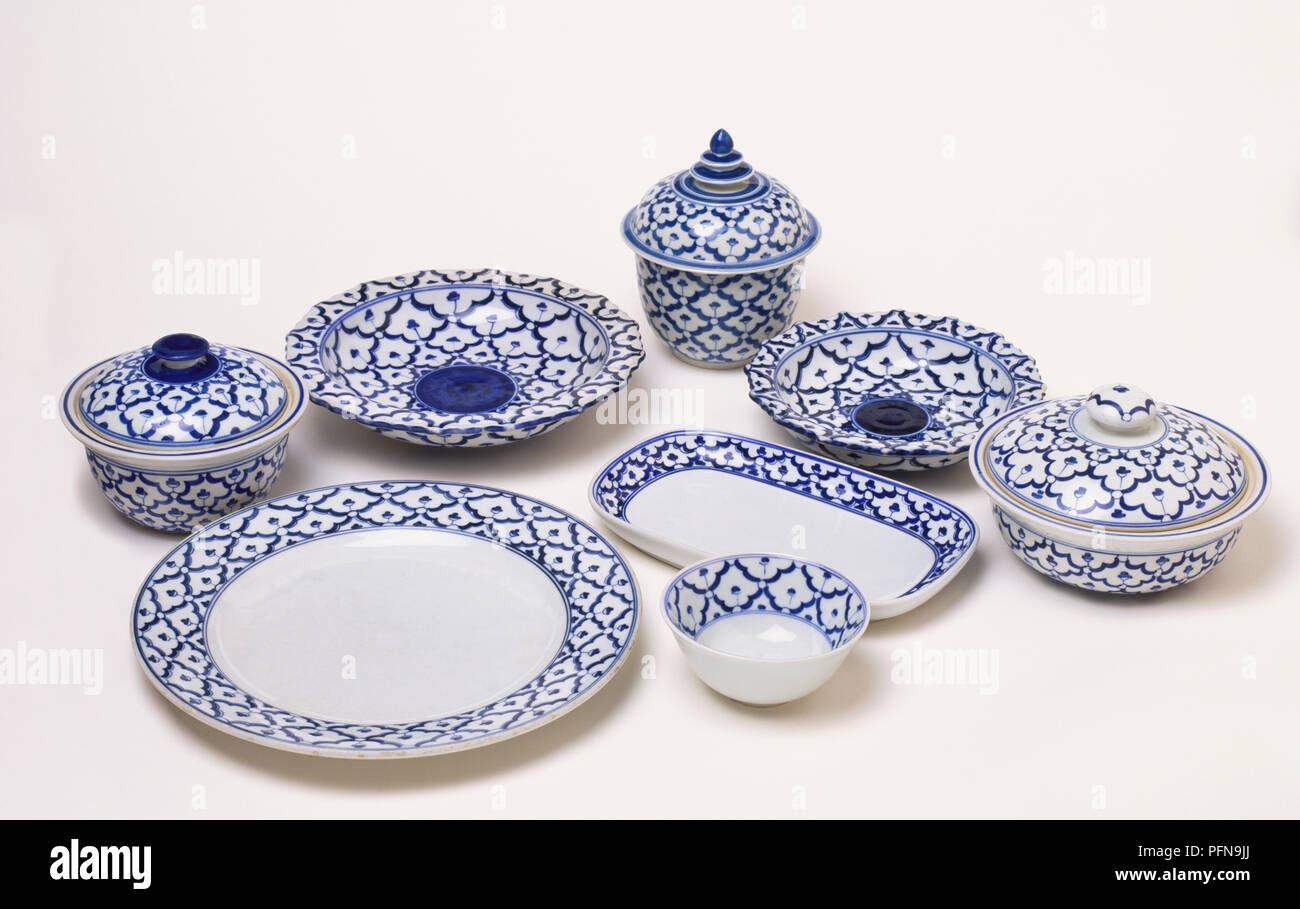 Blue and white china dishware set,, side view Stock Photo - Alamy