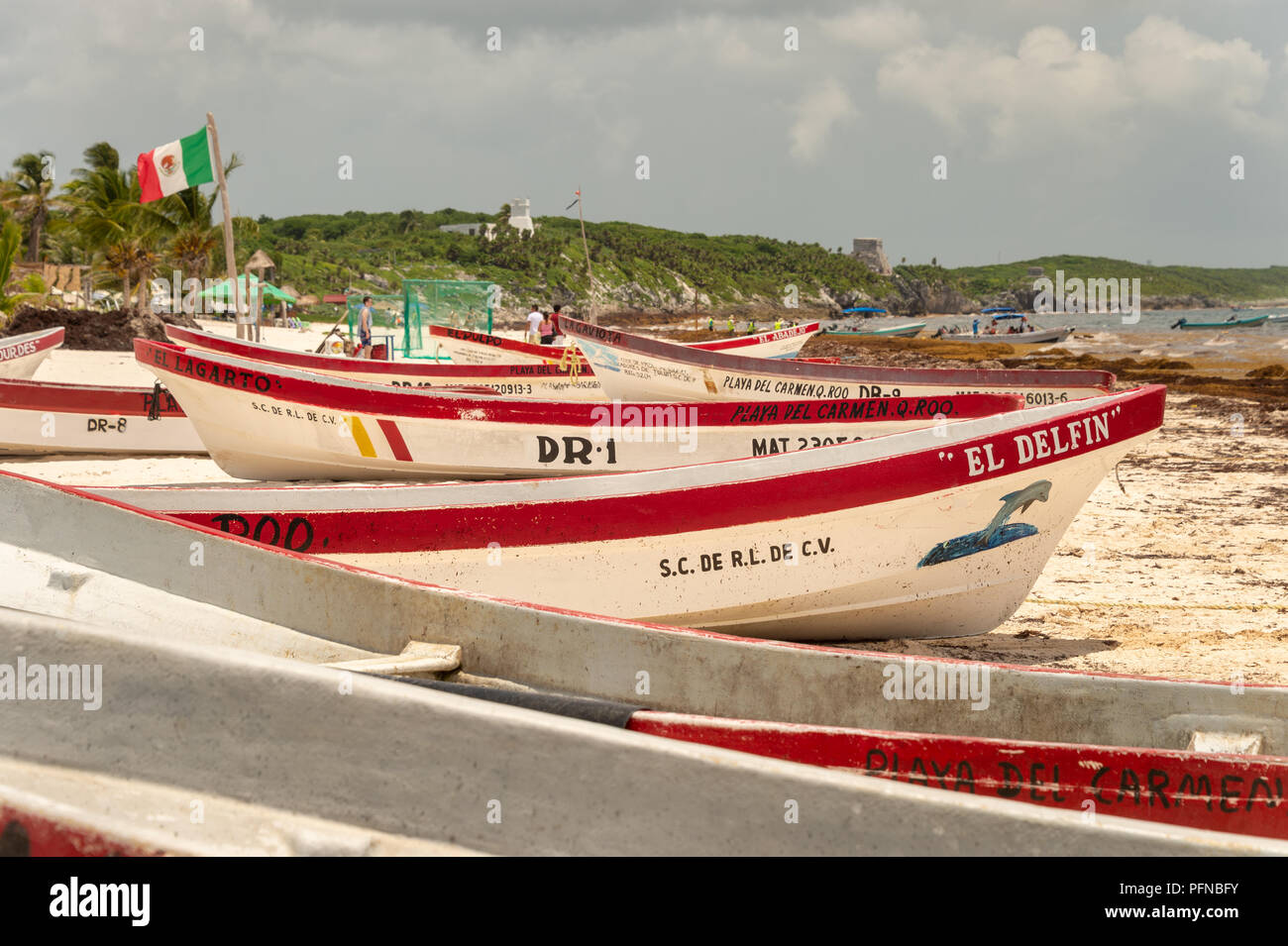 Tulum, Mexico - 12 August 2018: colorful fishermen boats on Playa Tulum ...