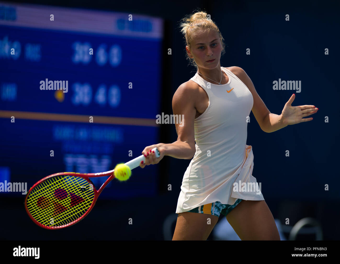 New York, USA. 21st Aug, 2018. Marta Kostyuk of the Ukraine in action ...