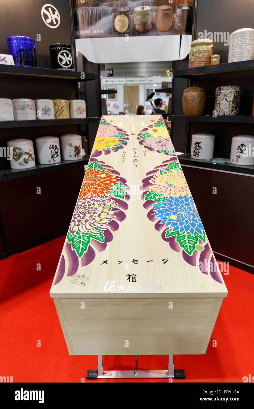 A customized coffin on display during the ENDEX Japan, the Life Ending ...