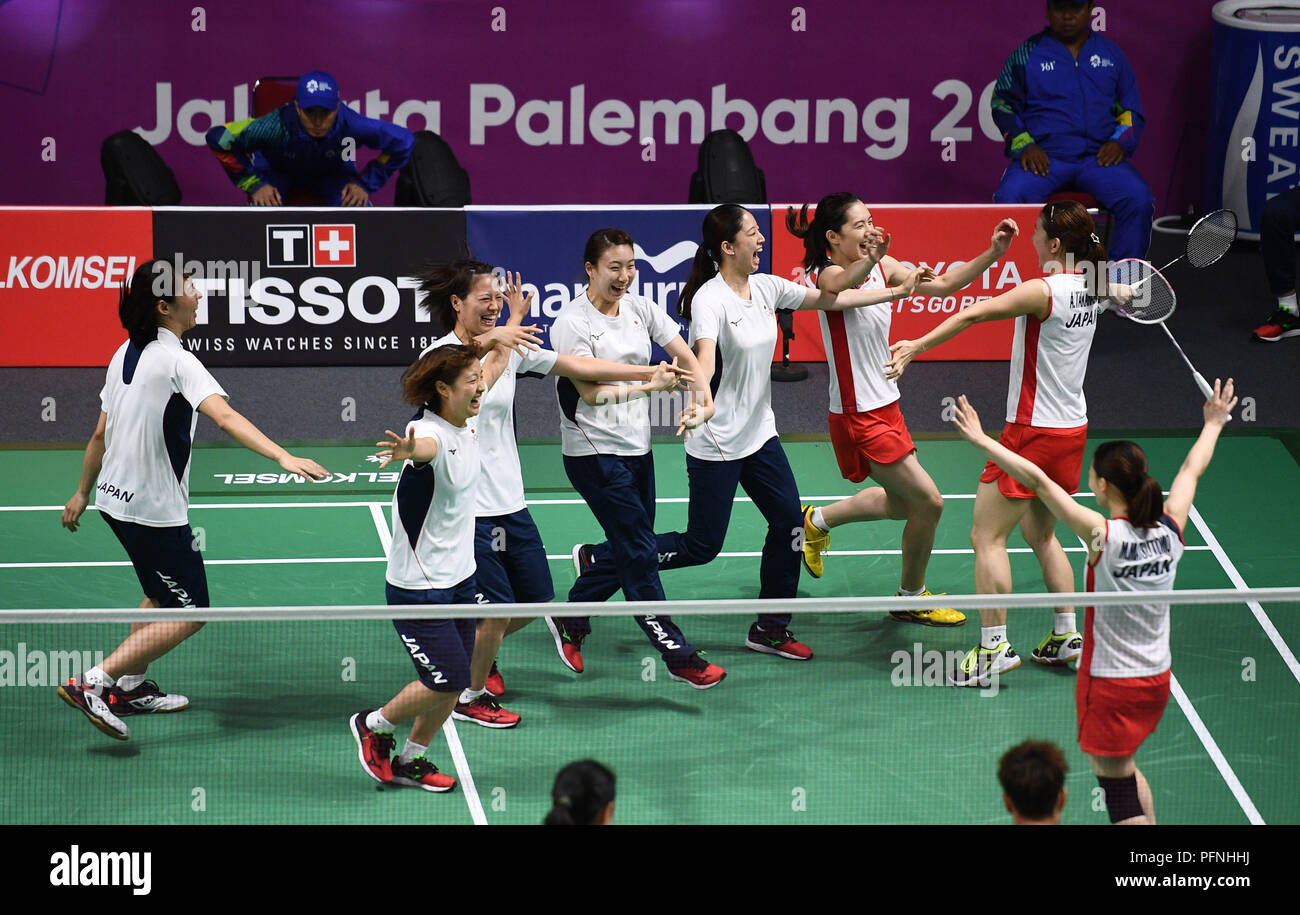 Jakarta. 22nd Aug, 2018. Players of Japan celebrate after the women's ...