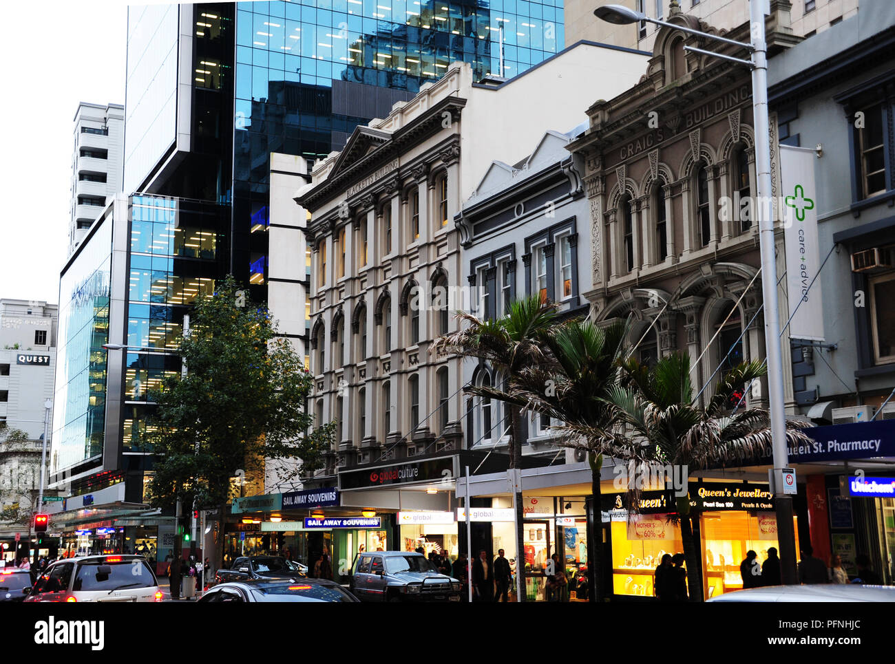 Historic buildings on Queens Street in central Auckland, New Zealand ...