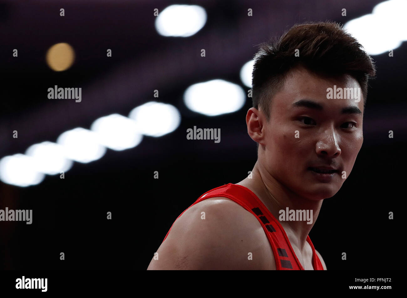 Jakarta. 22nd Aug, 2018. Sun Wei of China reacts after his Horizontal ...