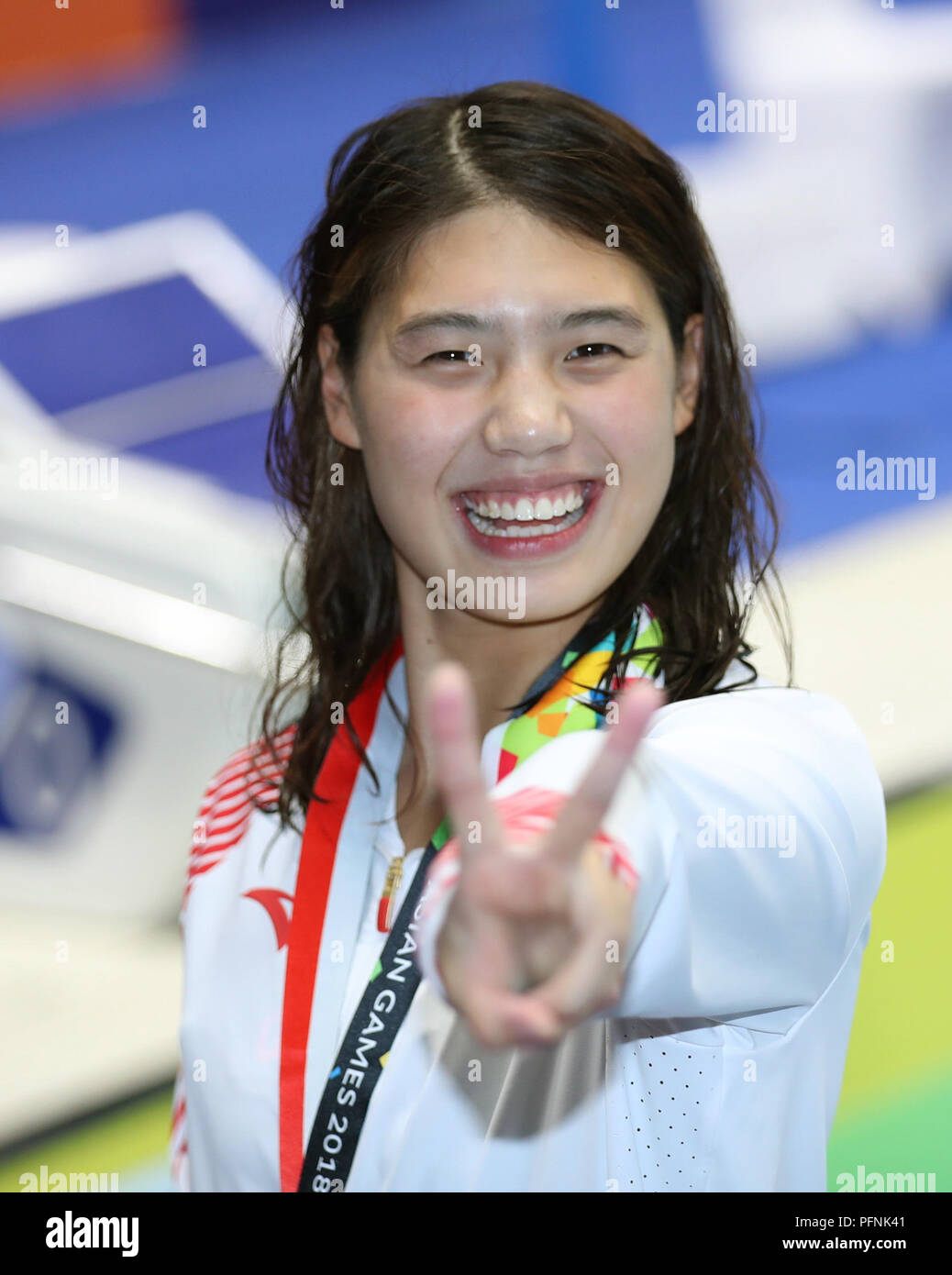 Jakarta, Indonesia. 22nd Aug, 2018. Zhang Yufei of China gestures while ...