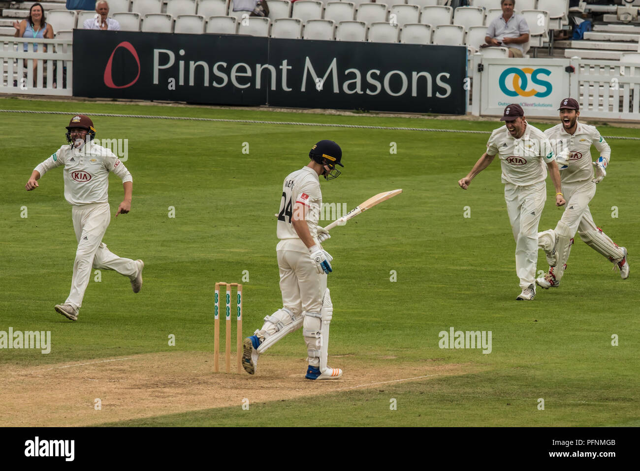 London, UK. 22 August 2018. Joe Mennie edges one to Ben Foakes and ...