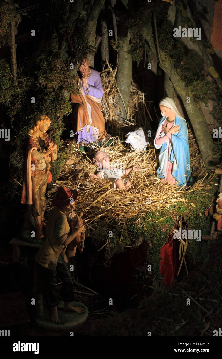 Christmas nativity scene with hand colored ceramic figures Stock Photo ...