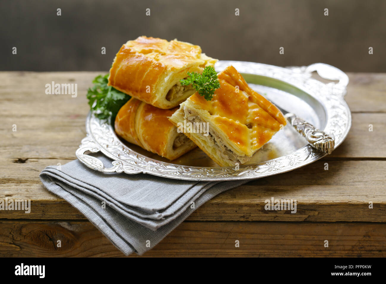 meat pie with chicken and mushrooms for lunch Stock Photo - Alamy