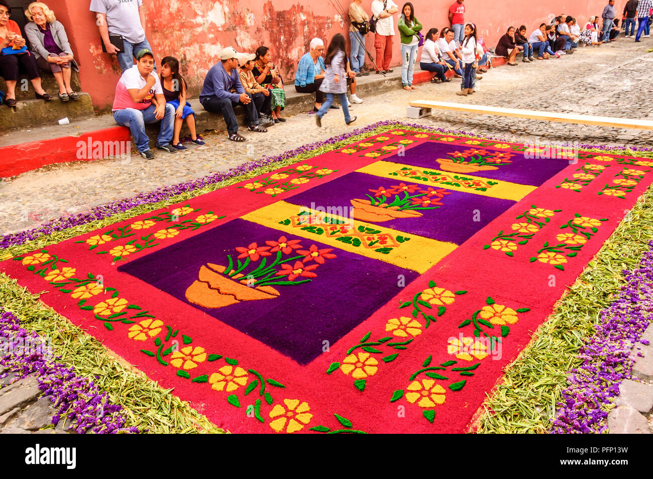 Antigua, Guatemala - Mar 1, 2015: Dyed sawdust Lent procession carpet ...