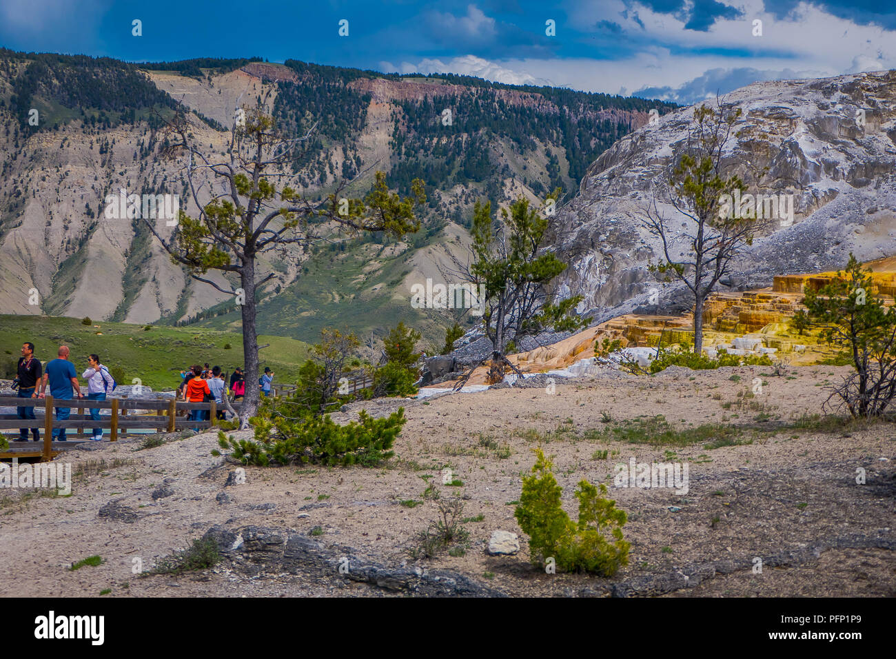 YELLOWSTONE, MONTANA, USA JUNE 02, 2018: Above view of group of people ...