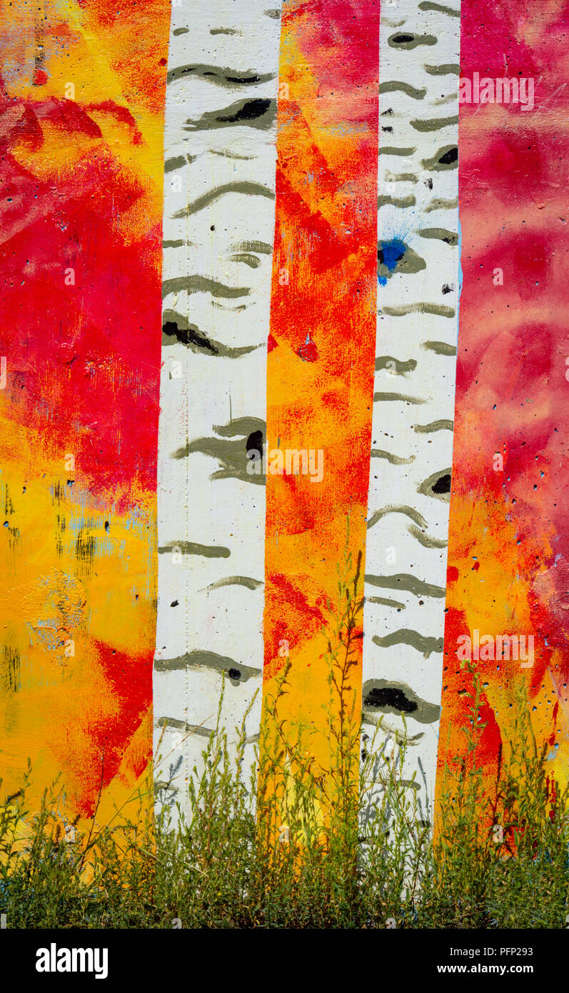 Colorful mural painting of Aspen Trees with fiery background on ...