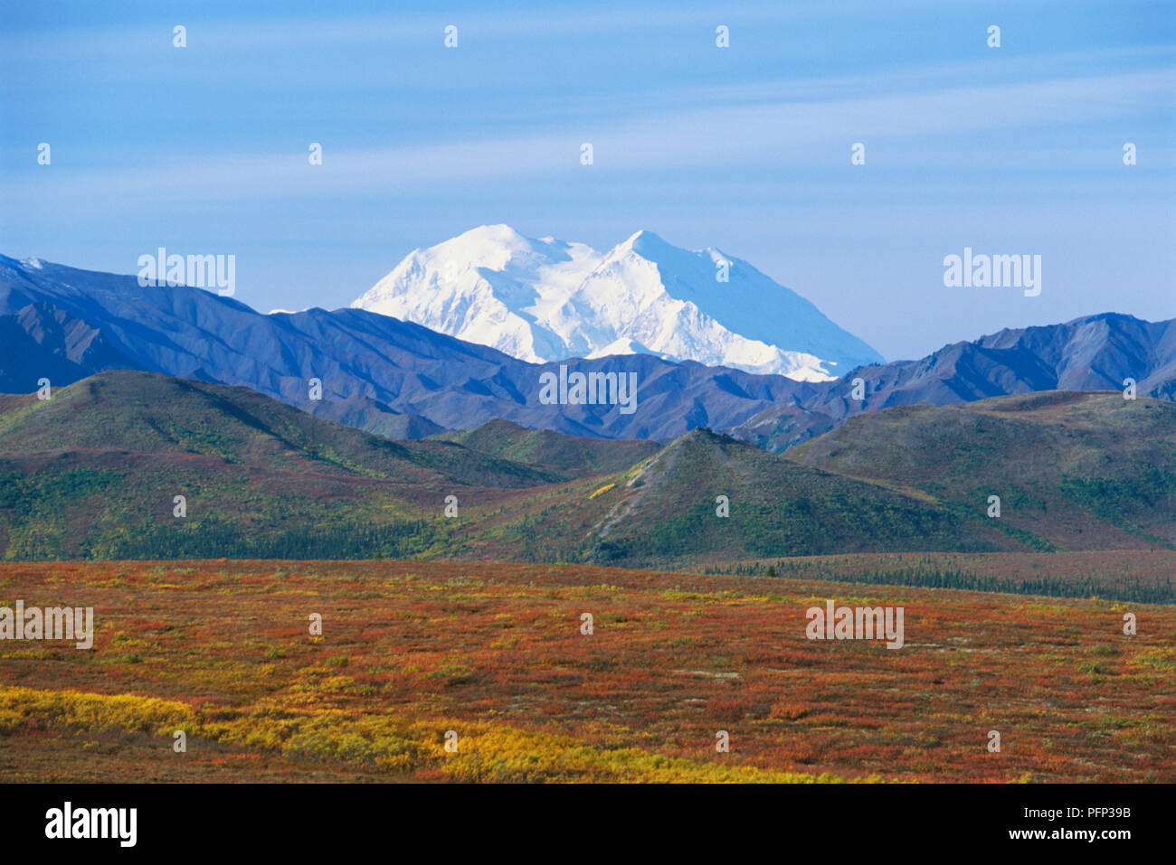 USA, Alaska, Denali National Park, Wonder Lake, with snow-covered Mount ...