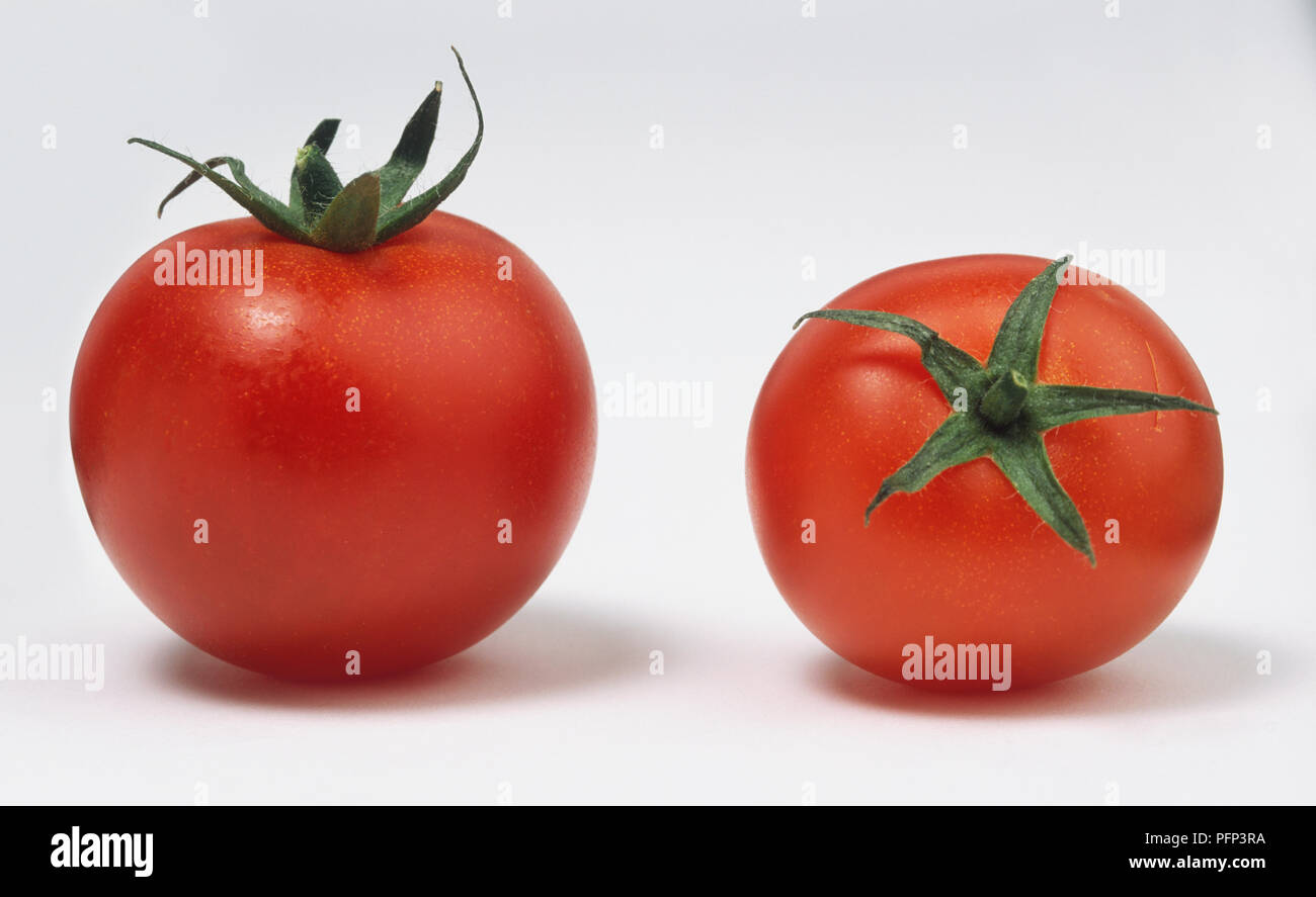 Two deep red Tomatoes, one standing upright, one on its side Stock Photo - Alamy