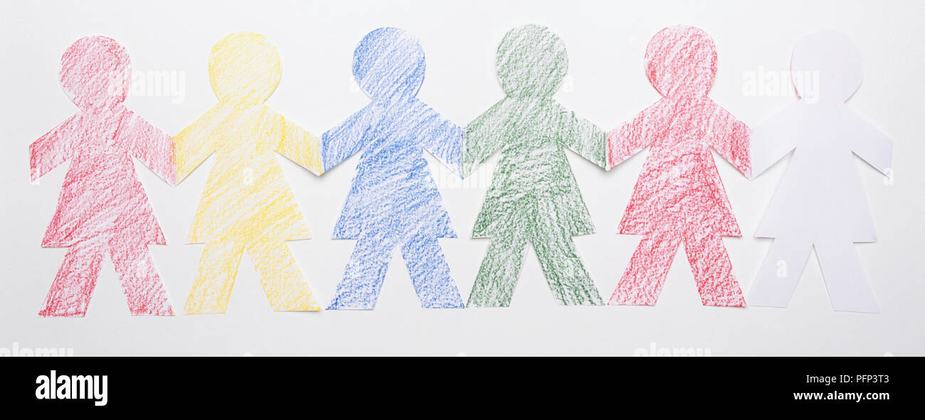 Paperchain men, red, yellow, blue, green and white Stock Photo - Alamy