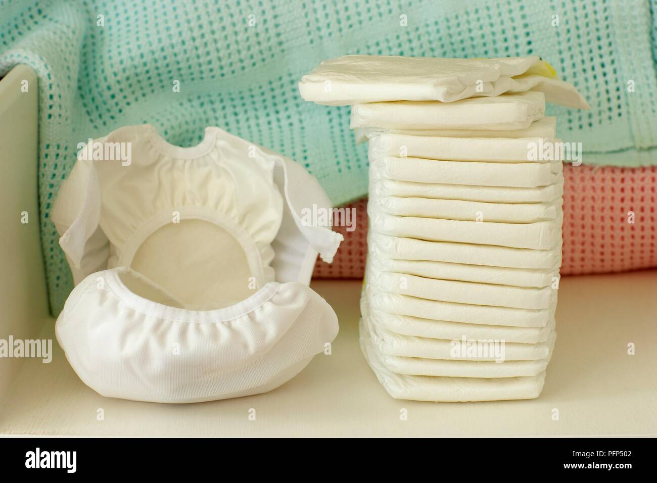 Disposable nappies, single nappy and stack, and cellular blankets Stock ...