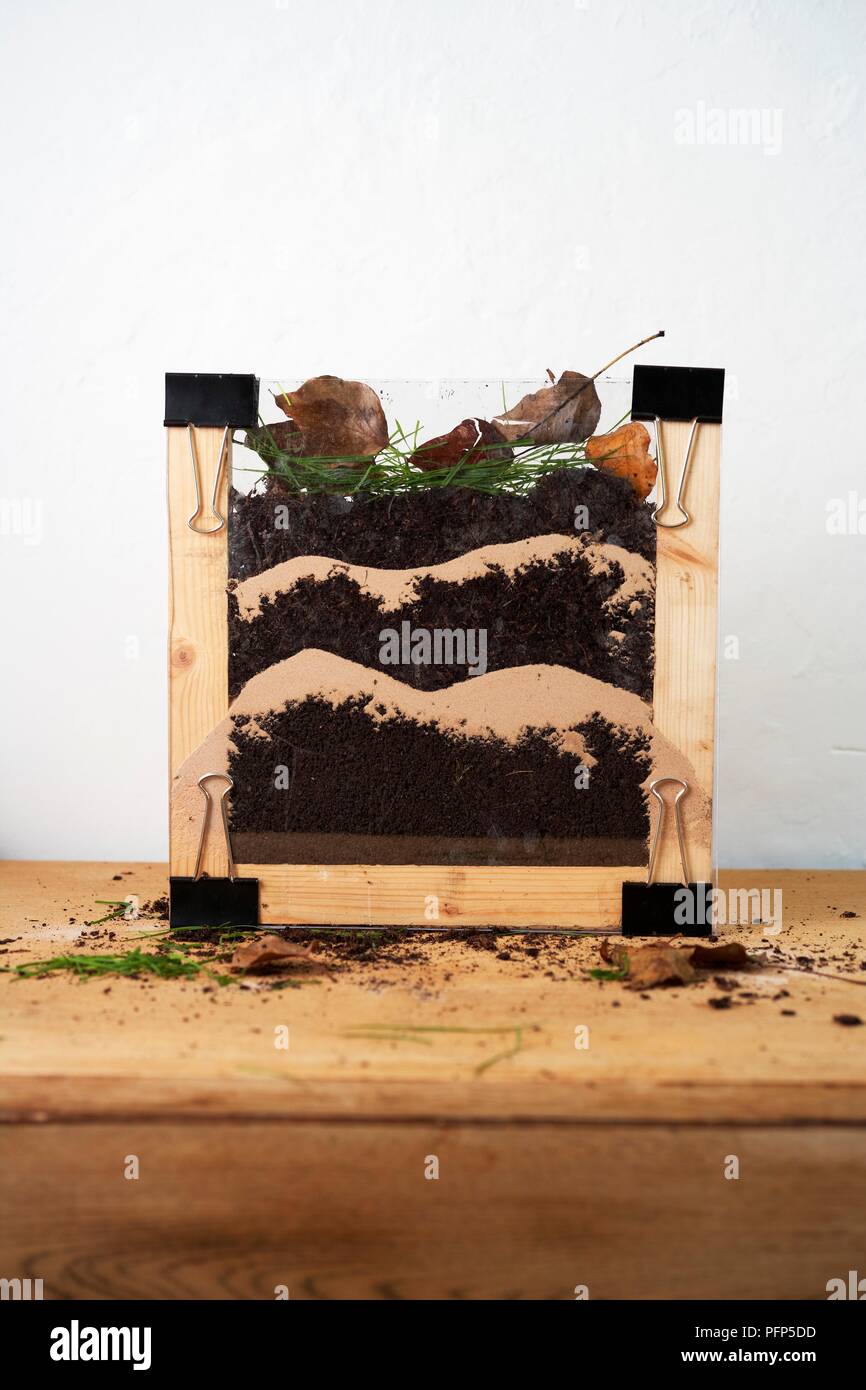 A home-made wormery filled with layers of soil, potting compost and ...