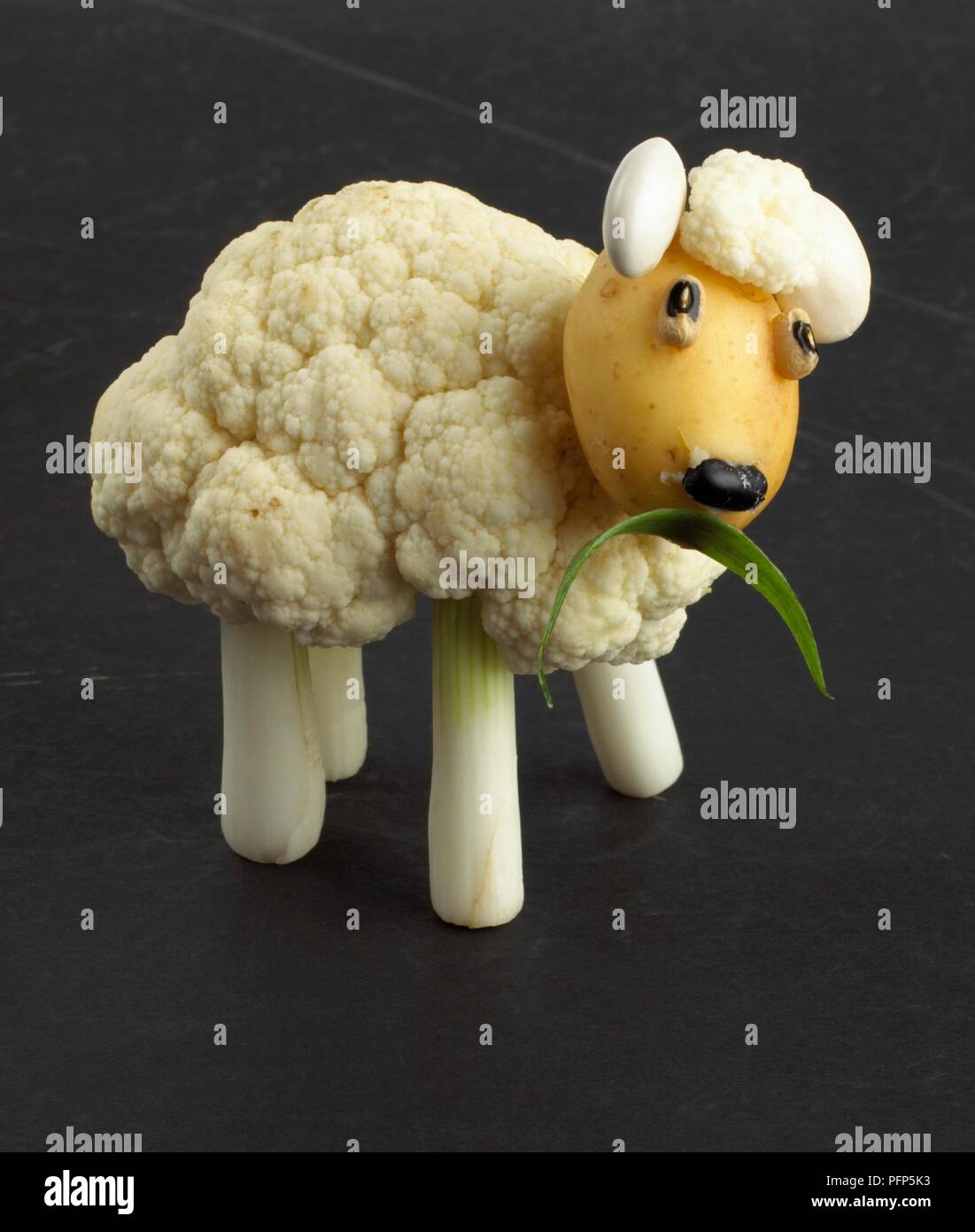 Sheep made from cauliflower, new potato, spring onion stems, and beans ...