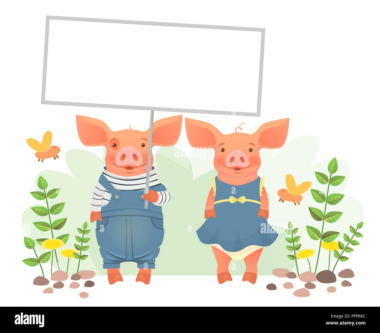 Cute animal holding sign. Cartoon pig holding blank banner. Cute animal ...