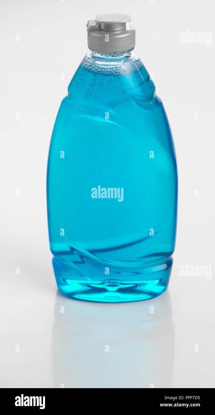Plastic bottle containing blue washing-up liquid Stock Photo - Alamy