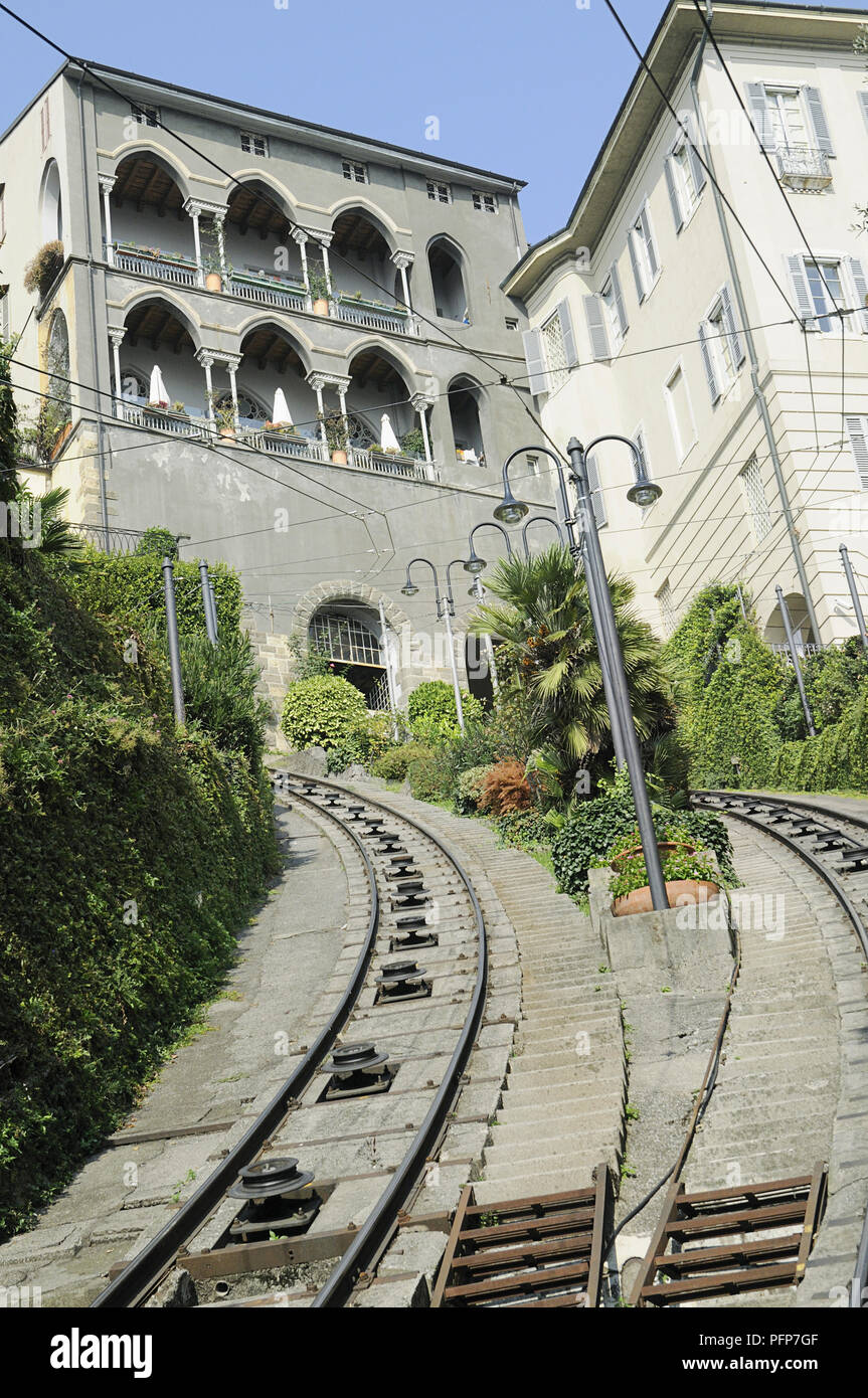 Italy, Lombardy region, Bergamo town, funicular railway tracks ...